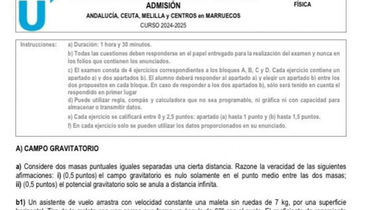 PAU Andalucía 2025 | Mira aquí el examen de Física de la selectividad ...